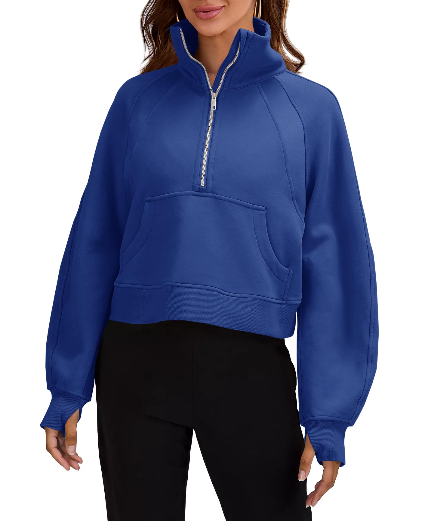 Womens Sweatshirts Half Zipper Crop Pullover Funnel Neck Fleece Lined Zip Up Long Sleeve Tops Thumb Hole Blue