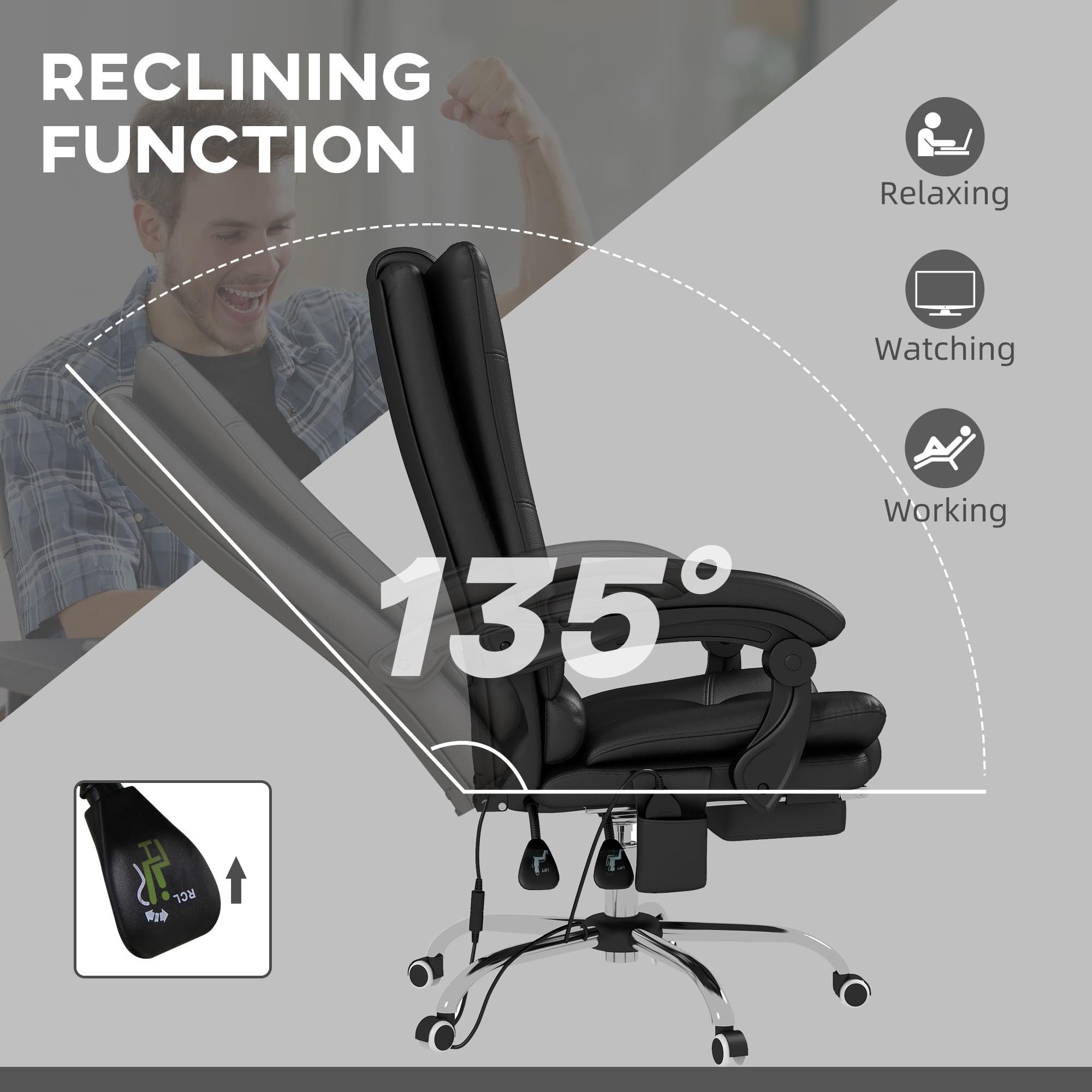 Vinsetto PU Leather Executive Massage Office Chair with 4 Vibration, Computer Desk Chair, Heated Reclining Chair with Adjustable Height, Swivel Wheels, Black