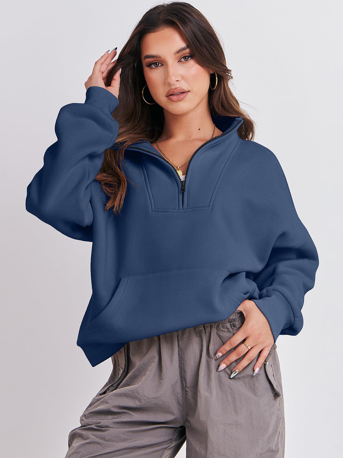 ANRABESS Womens Half Zip Sweatshirts Oversized Crop Pullover 2024 Winter Y2K Fleece Hoodie Sweater Teen Girls Fall Clothes Navy Blue Medium