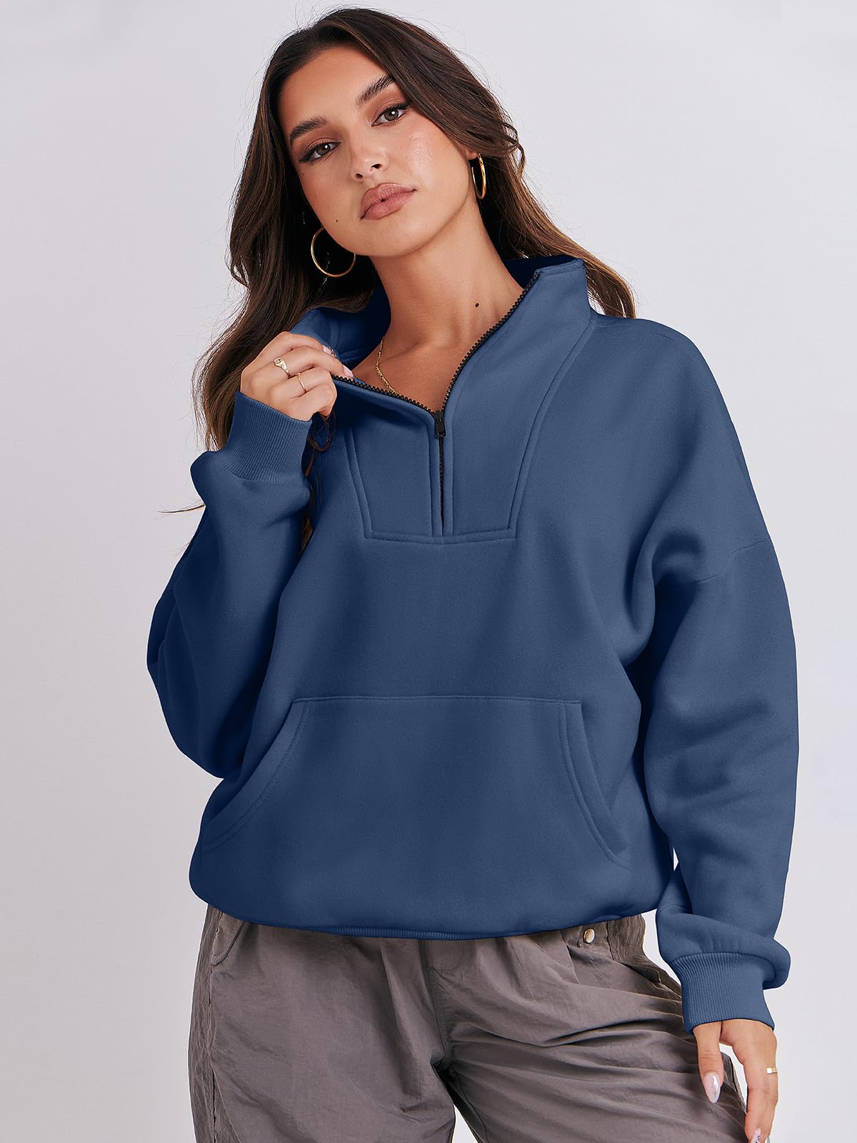ANRABESS Womens Half Zip Sweatshirts Oversized Crop Pullover 2024 Winter Y2K Fleece Hoodie Sweater Teen Girls Fall Clothes Navy Blue Medium