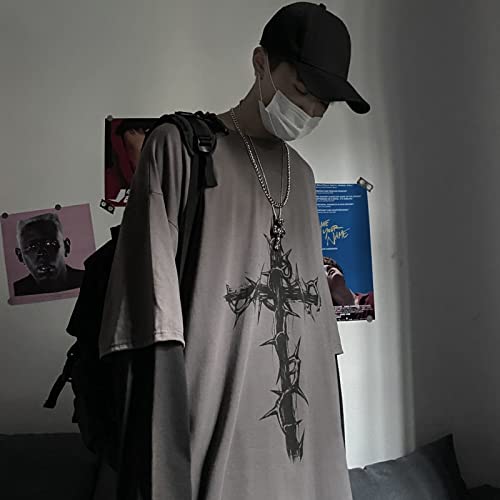 Goth Shirt Gothic Shirt Fake Two-Piece Alternative Clothing Goth Long Sleeve Top Grunge Clothes (Gray,M,Medium)