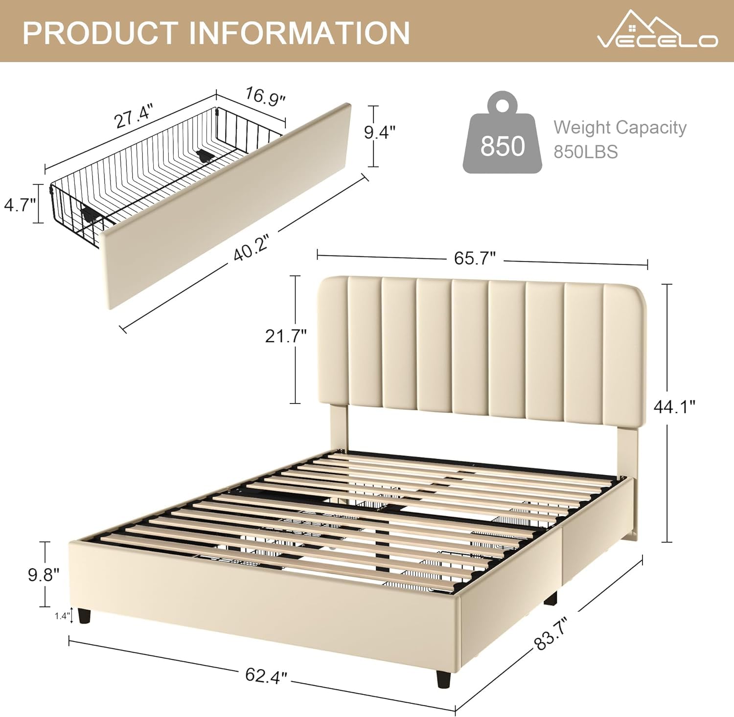 VECELO Queen Size Upholstered Bed Frame with 4 Drawers and Adjustable Headboard, Velvet Platform Storage Bedframe Mattress Foundation, Wooden Slats Support, No Box Spring Needed, Beige