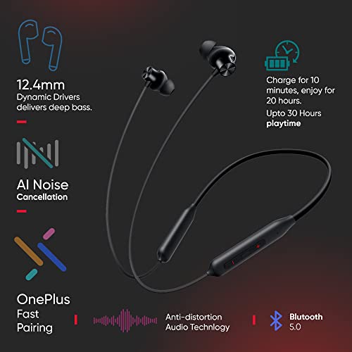 OnePlus Bullets Wireless Z2 Bluetooth 5.0 in Ear Earphones, Bombastic Bass – 12.4 mm Drivers, 30 Hrs Battery Life (Magico Black)