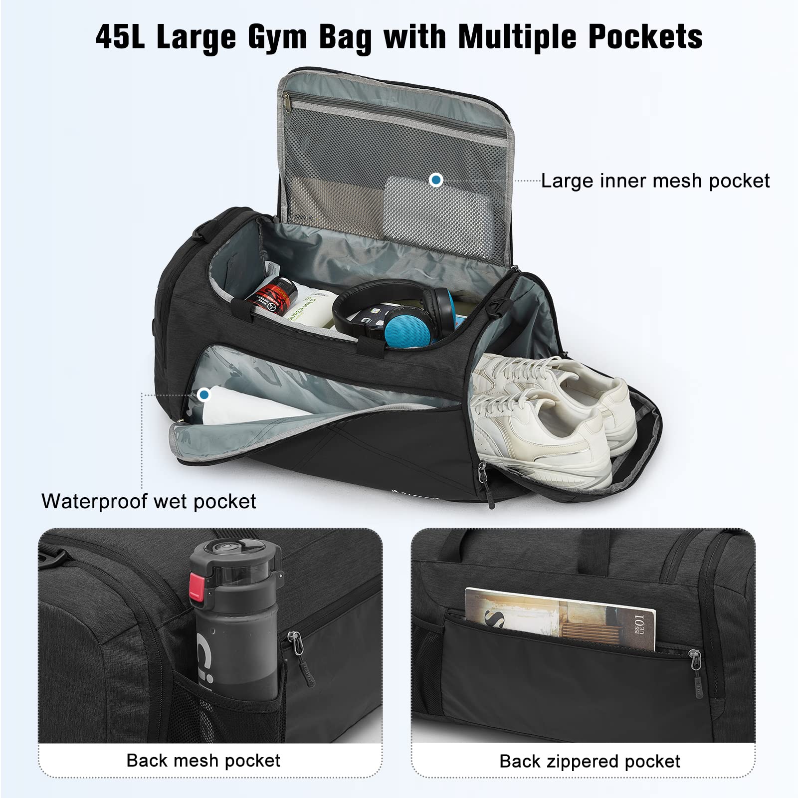 G4Free 45L/60L 3-Way Duffle Backpack Gym Bag with Wet Pocket & Shoes Compartment Sports Travel Weekender Overnight Duffel Bag
