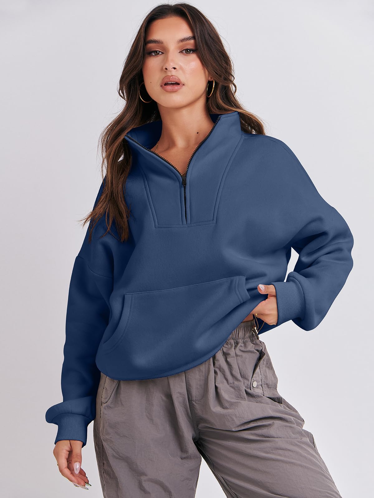 ANRABESS Womens Half Zip Sweatshirts Oversized Crop Pullover 2024 Winter Y2K Fleece Hoodie Sweater Teen Girls Fall Clothes Navy Blue Medium