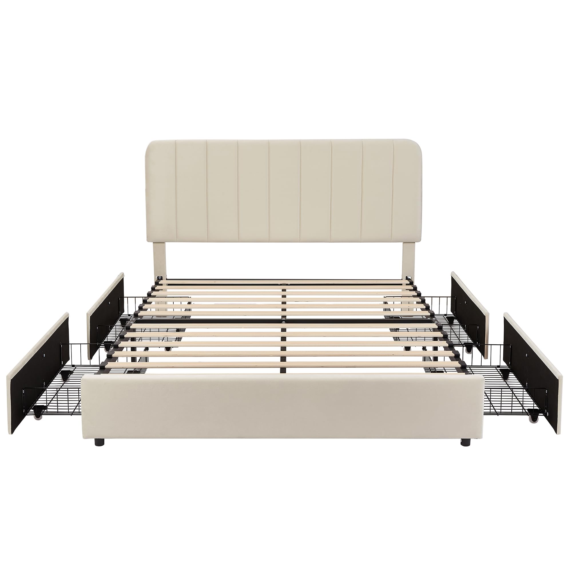 VECELO Queen Size Upholstered Bed Frame with 4 Drawers and Adjustable Headboard, Velvet Platform Storage Bedframe Mattress Foundation, Wooden Slats Support, No Box Spring Needed, Beige