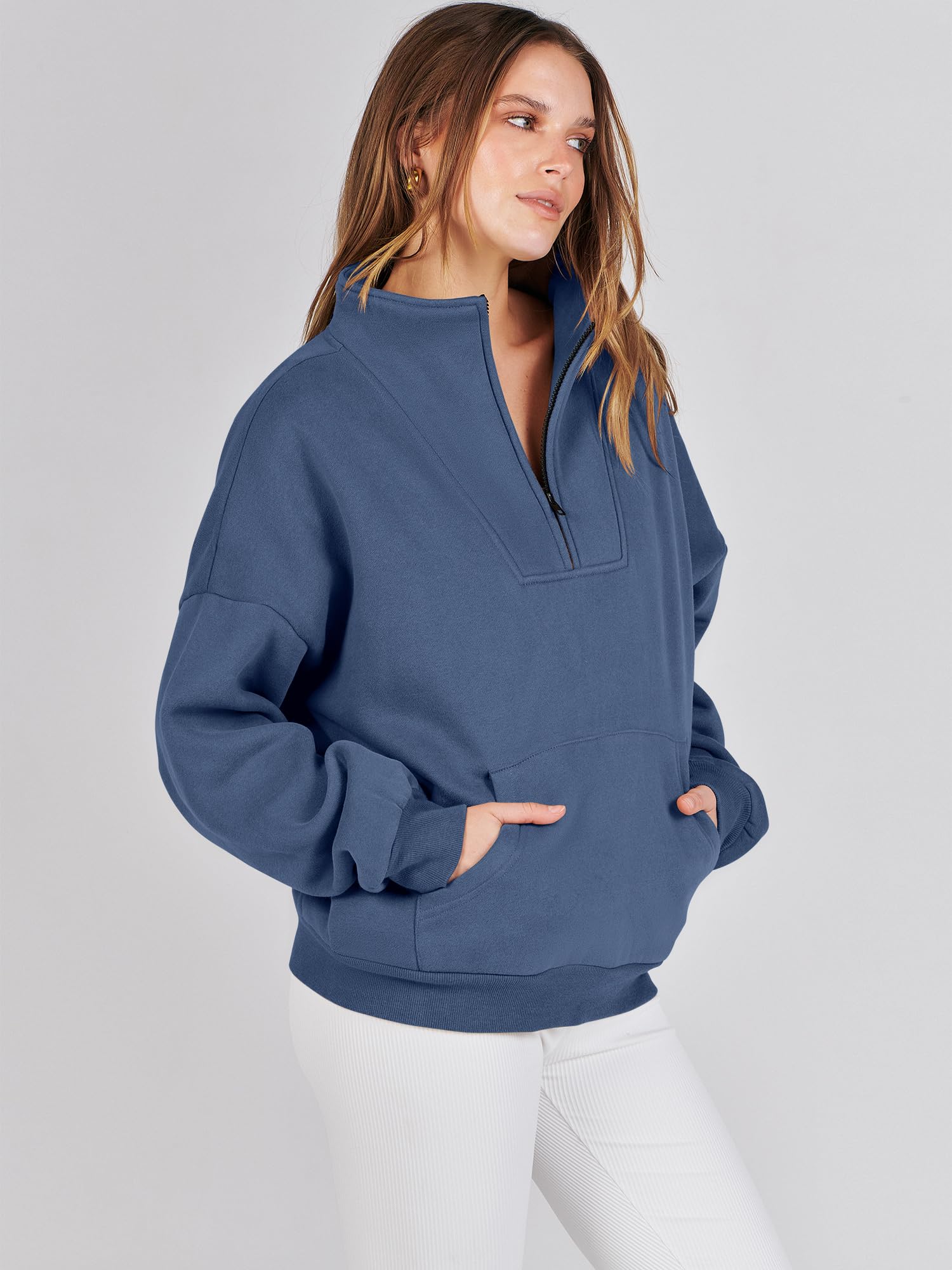 ANRABESS Womens Half Zip Sweatshirts Oversized Crop Pullover 2024 Winter Y2K Fleece Hoodie Sweater Teen Girls Fall Clothes Navy Blue Medium