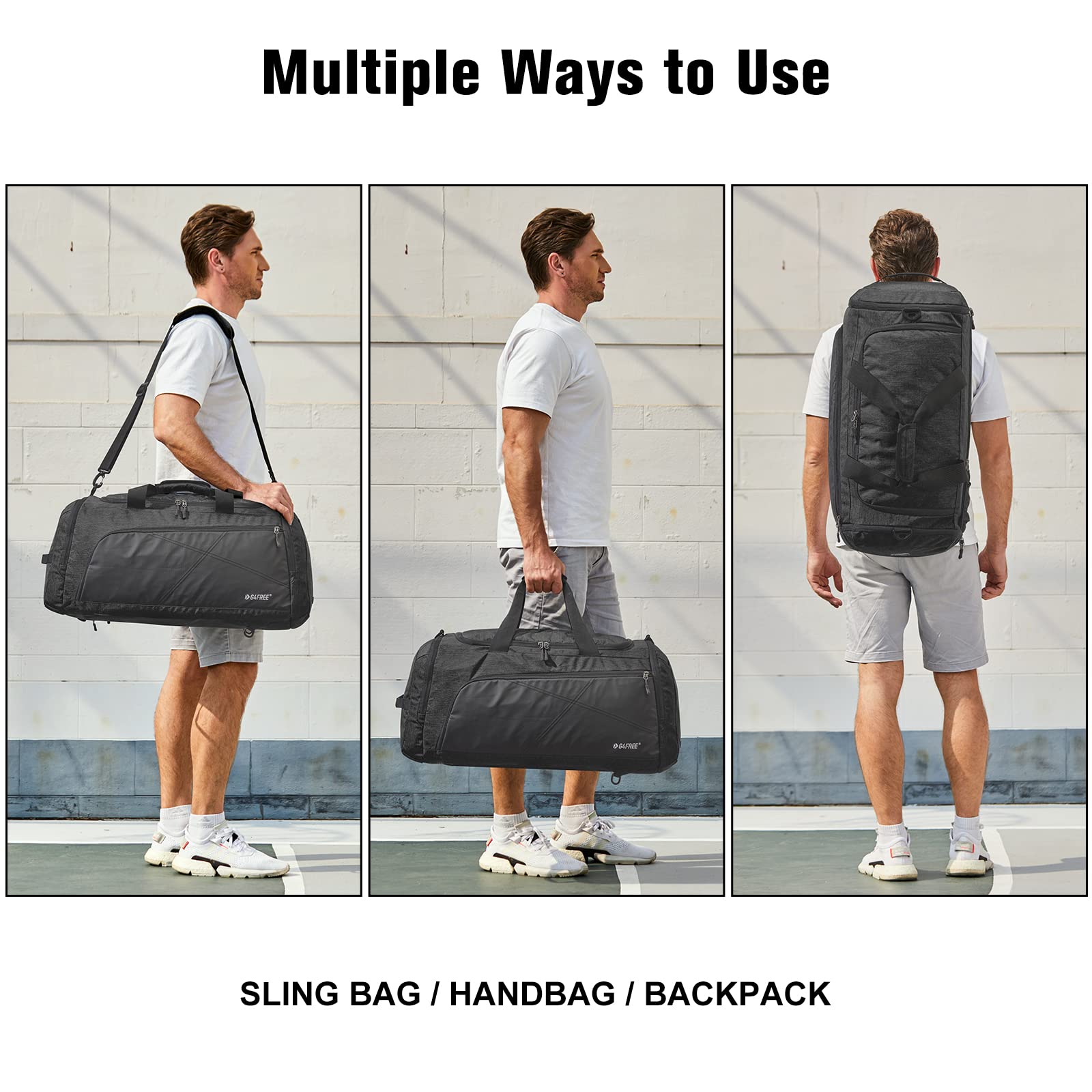 G4Free 45L/60L 3-Way Duffle Backpack Gym Bag with Wet Pocket & Shoes Compartment Sports Travel Weekender Overnight Duffel Bag