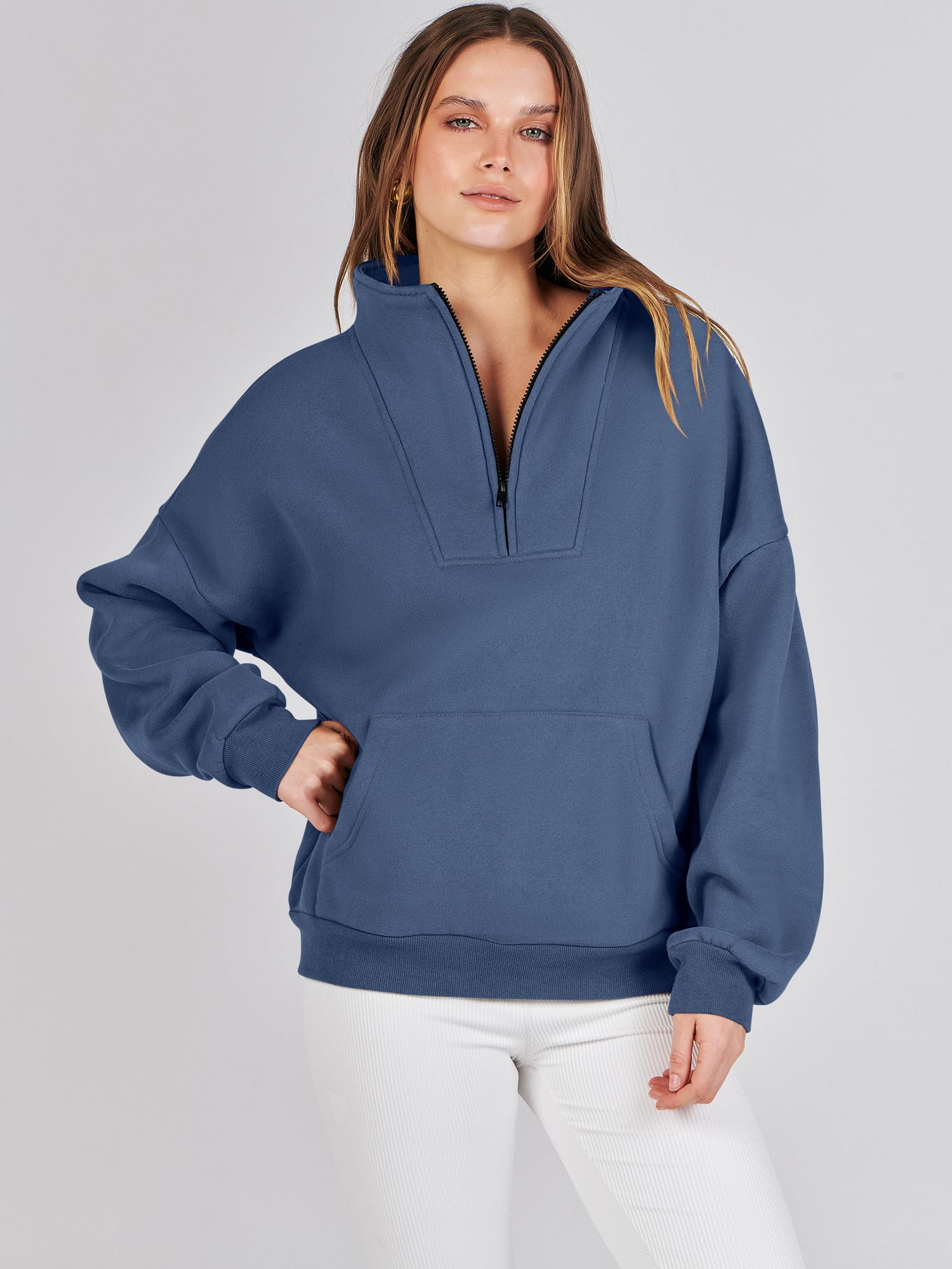 ANRABESS Womens Half Zip Sweatshirts Oversized Crop Pullover 2024 Winter Y2K Fleece Hoodie Sweater Teen Girls Fall Clothes Navy Blue Medium