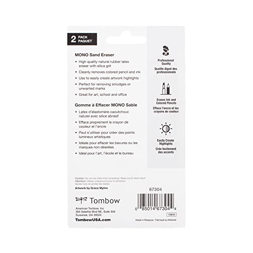 Tombow 67304 Mono Sand Eraser, 2-Pack. Silica Eraser Designed to Remove Colored Pencil and Ink Markings…