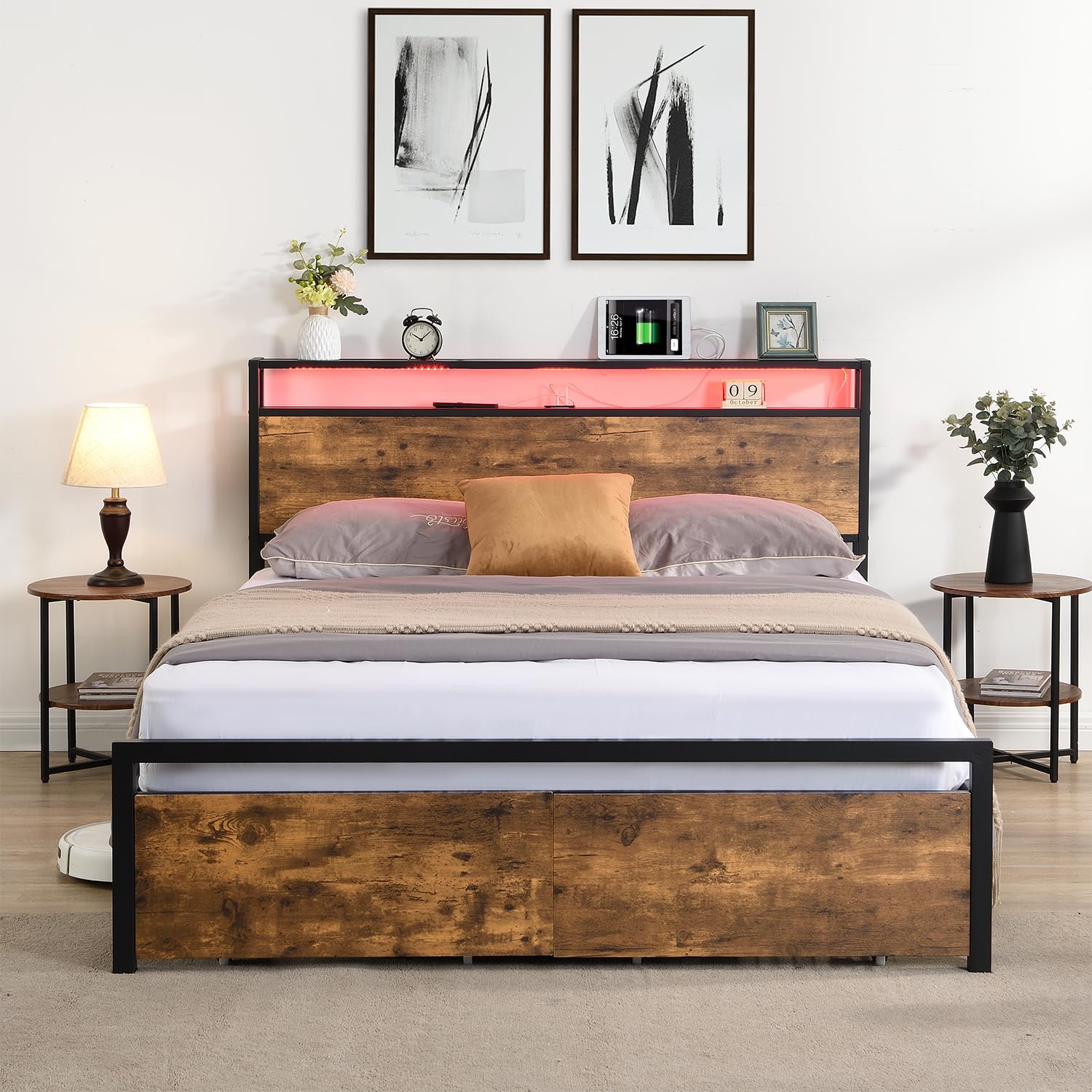 Queen Size Bed Frame,with Storage Headboard and 2 Drawers,LED Lights Bed with Charging Station,Metal Platform Bed No Noise, Mattress Foundation Strong Metal Slats Support No Box Spring Needed (Queen)