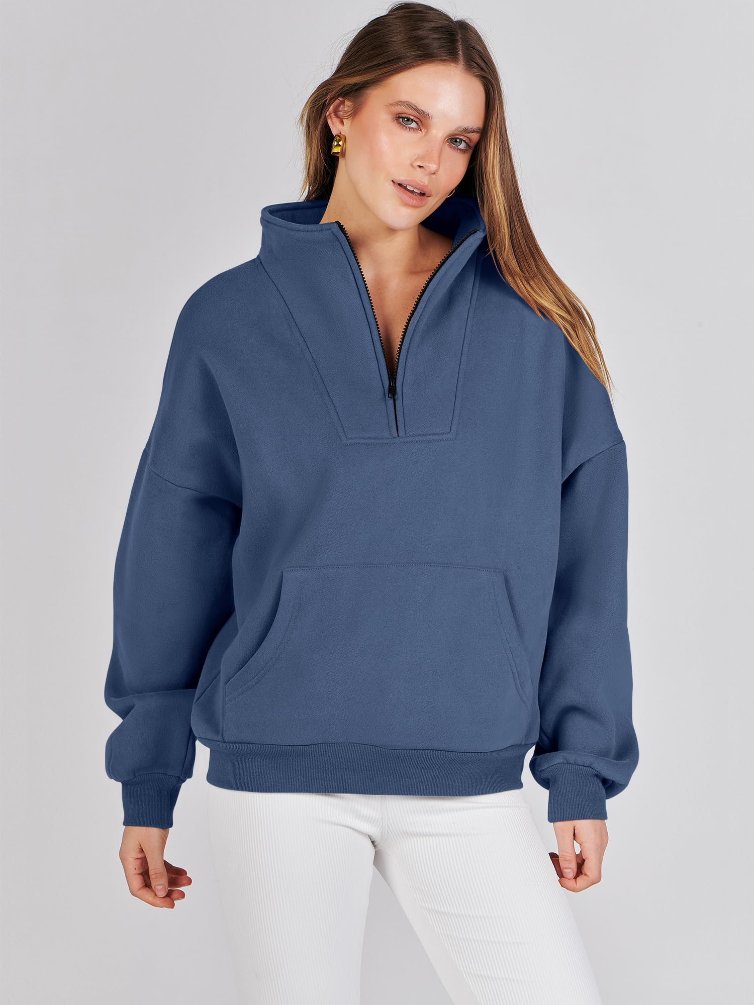 ANRABESS Womens Half Zip Sweatshirts Oversized Crop Pullover 2024 Winter Y2K Fleece Hoodie Sweater Teen Girls Fall Clothes Navy Blue Medium
