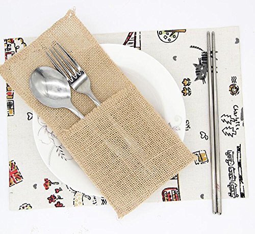 Cheonus 10PCS Burlap Cutlery Bags Hessian Knife Fork Tableware Utensil Linen Flatware Holder Jute Pouch Silverware Pockets for Wedding Decor