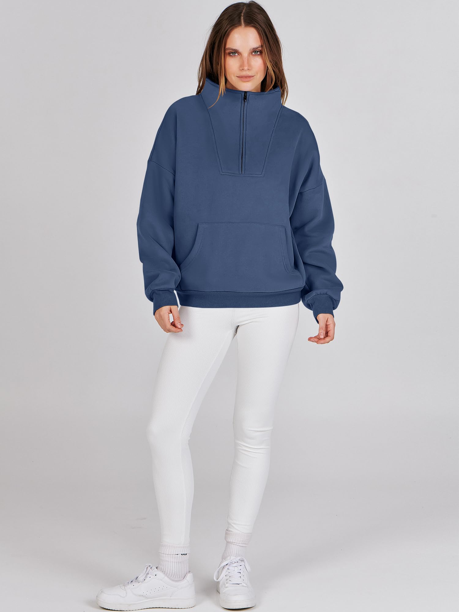 ANRABESS Womens Half Zip Sweatshirts Oversized Crop Pullover 2024 Winter Y2K Fleece Hoodie Sweater Teen Girls Fall Clothes Navy Blue Medium