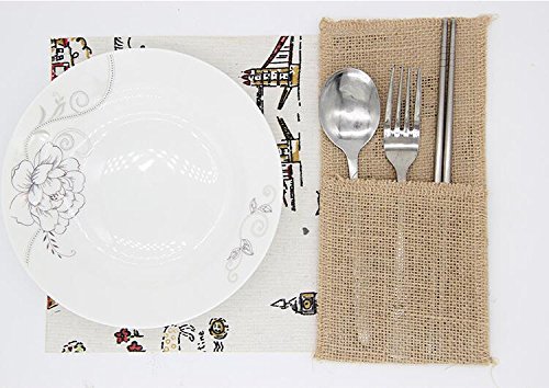 Cheonus 10PCS Burlap Cutlery Bags Hessian Knife Fork Tableware Utensil Linen Flatware Holder Jute Pouch Silverware Pockets for Wedding Decor
