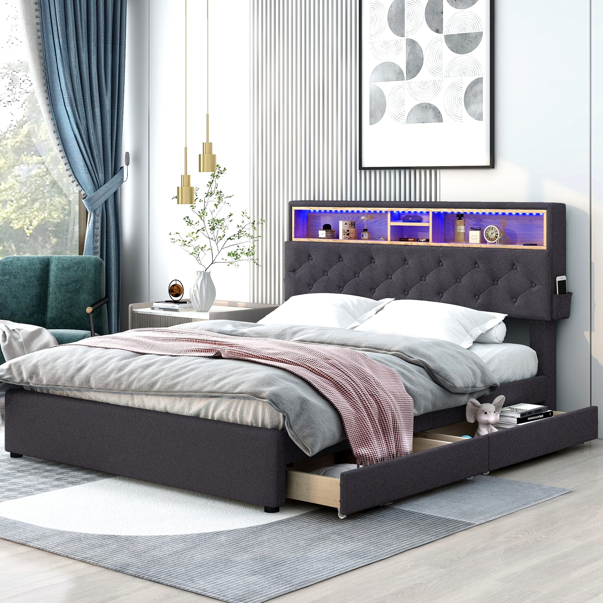 Harper & Bright Designs Queen Bed with Storage Headboard, LED, USB Charging and 2 Drawers, Linen Fabric Upholstered Platform Bed Wood Frame, No Box Spring Needed (Queen Size, Dark Gray)