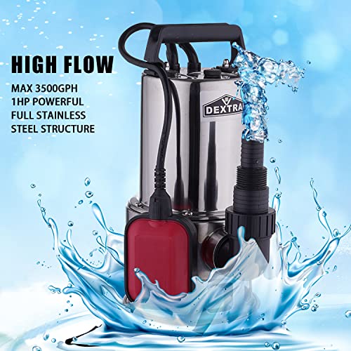Dextra 1 HP Sump Pump Submersible 3500GPH Water Pump for Pool Draining, 750W Stainless Steel Submersible Utility Pump with Float Switch, 19FT Cord for Hot Tub,Draining Flood,House,Irrigation