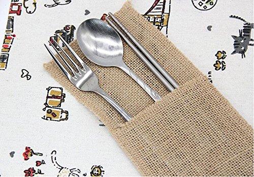 Cheonus 10PCS Burlap Cutlery Bags Hessian Knife Fork Tableware Utensil Linen Flatware Holder Jute Pouch Silverware Pockets for Wedding Decor