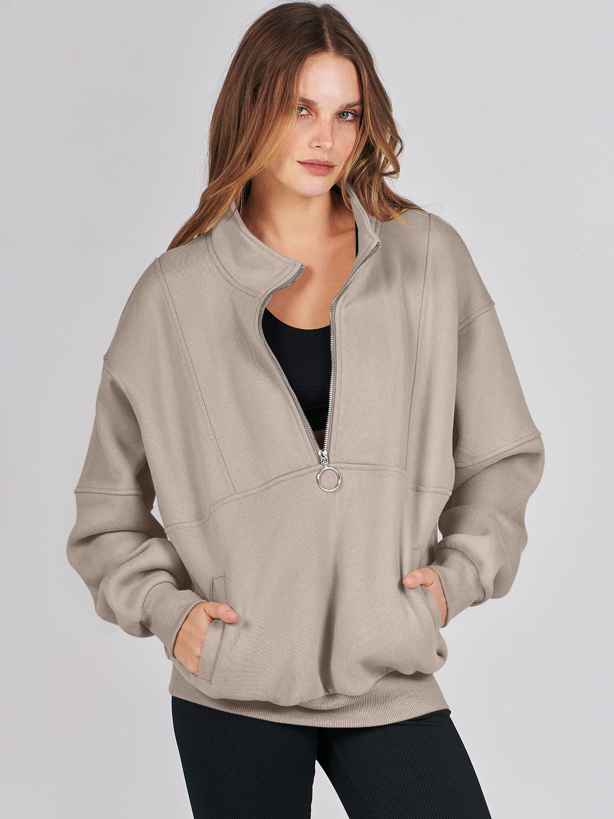 ANRABESS Women's Oversized Half Zip Fleece Sweatshirts Quarter Zip Pullover Top Fall 2024 Outfits Trendy Clothes Light Brown X-Large