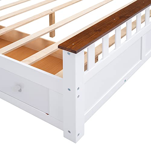 Harper & Bright Designs Queen Bed with 2 Storage Drawers, Solid Wood Queen Size Platform Bed with Headboard and Footboard, Queen Storage Bed Frame for Teens, Adults,White+Walnut