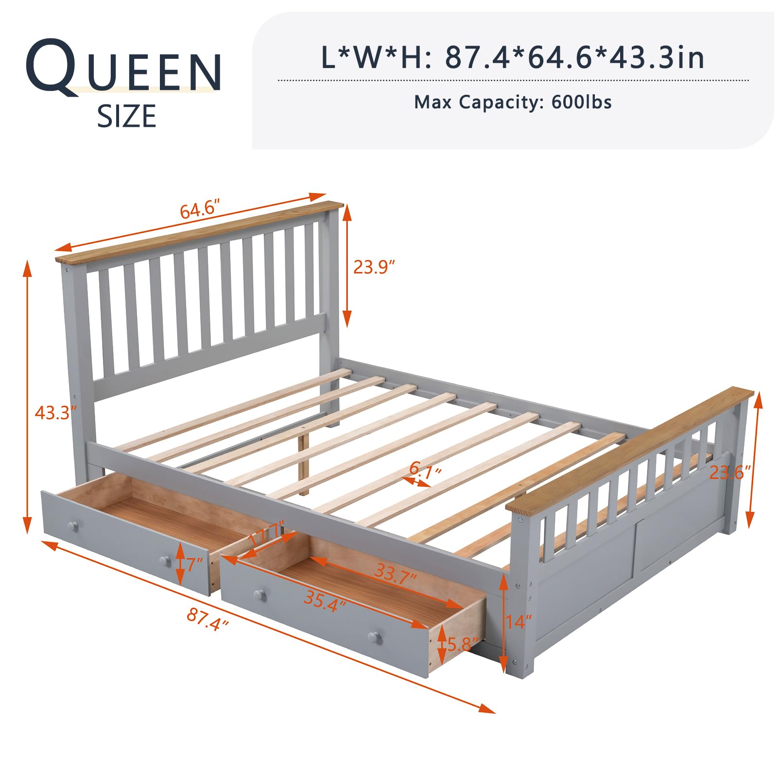 Queen Size Country Style Wooden Platform Bed Frames with 2 Storage Drawers, Modern Platform Bed with Headboard/Footboard, Noise-Free for Bedroom Boys Girls Adults Teens, Solid Wood Slat Support(Gray)