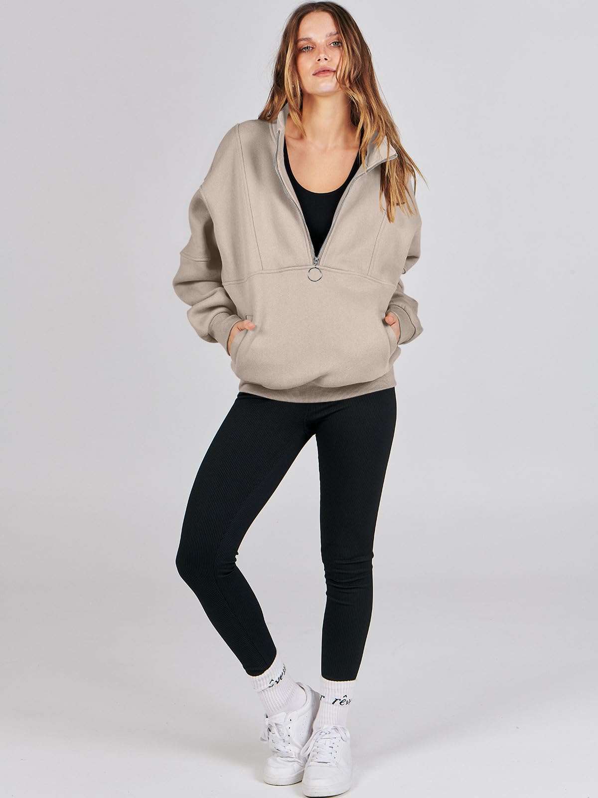 ANRABESS Women's Oversized Half Zip Fleece Sweatshirts Quarter Zip Pullover Top Fall 2024 Outfits Trendy Clothes Light Brown X-Large
