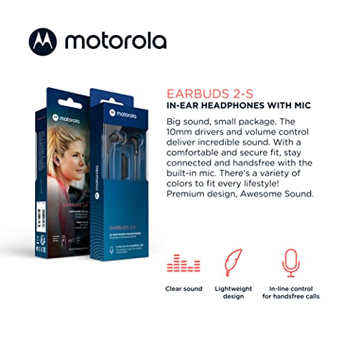 Motorola Wired Earbuds with Microphone - Earbuds 2-S Corded in-Ear Headphones, Control Button for Calls/Music, Comfortable Lightweight Silicone Ear Buds, Clear Bass Sound, Noise Isolation - Black
