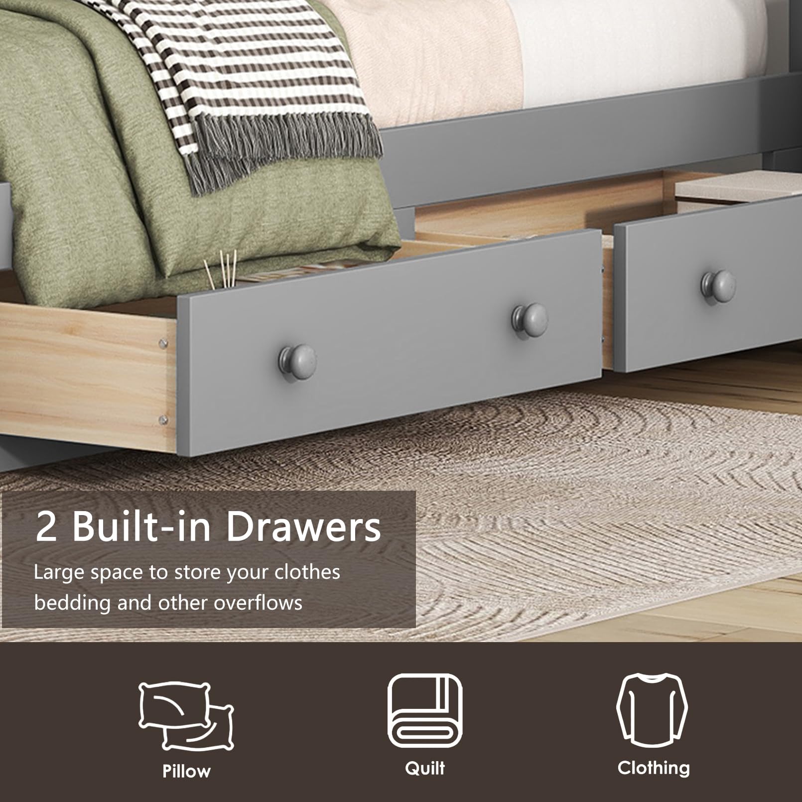 Queen Size Country Style Wooden Platform Bed Frames with 2 Storage Drawers, Modern Platform Bed with Headboard/Footboard, Noise-Free for Bedroom Boys Girls Adults Teens, Solid Wood Slat Support(Gray)