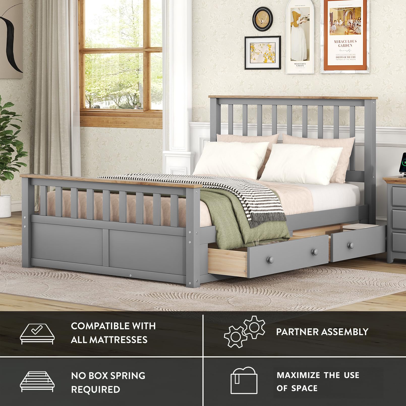 Queen Size Country Style Wooden Platform Bed Frames with 2 Storage Drawers, Modern Platform Bed with Headboard/Footboard, Noise-Free for Bedroom Boys Girls Adults Teens, Solid Wood Slat Support(Gray)