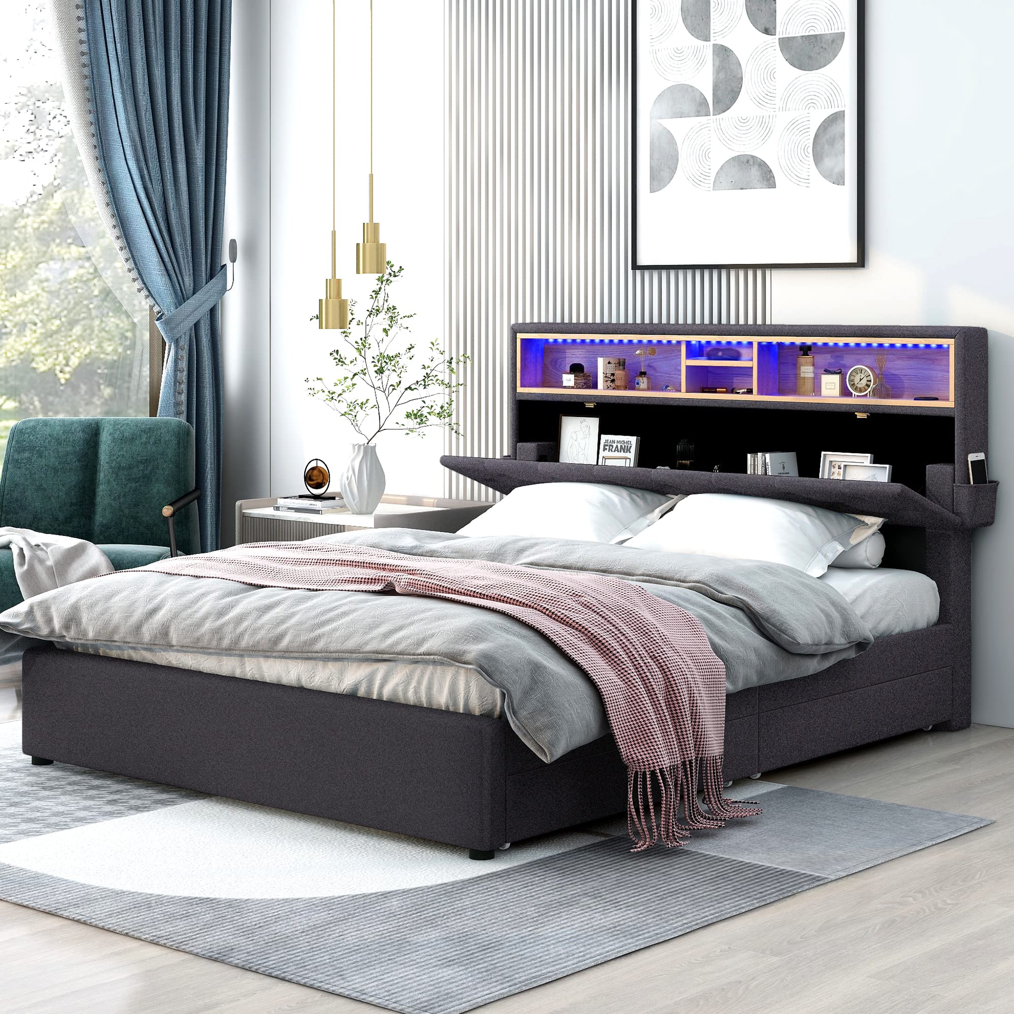 Harper & Bright Designs Queen Bed with Storage Headboard, LED, USB Charging and 2 Drawers, Linen Fabric Upholstered Platform Bed Wood Frame, No Box Spring Needed (Queen Size, Dark Gray)