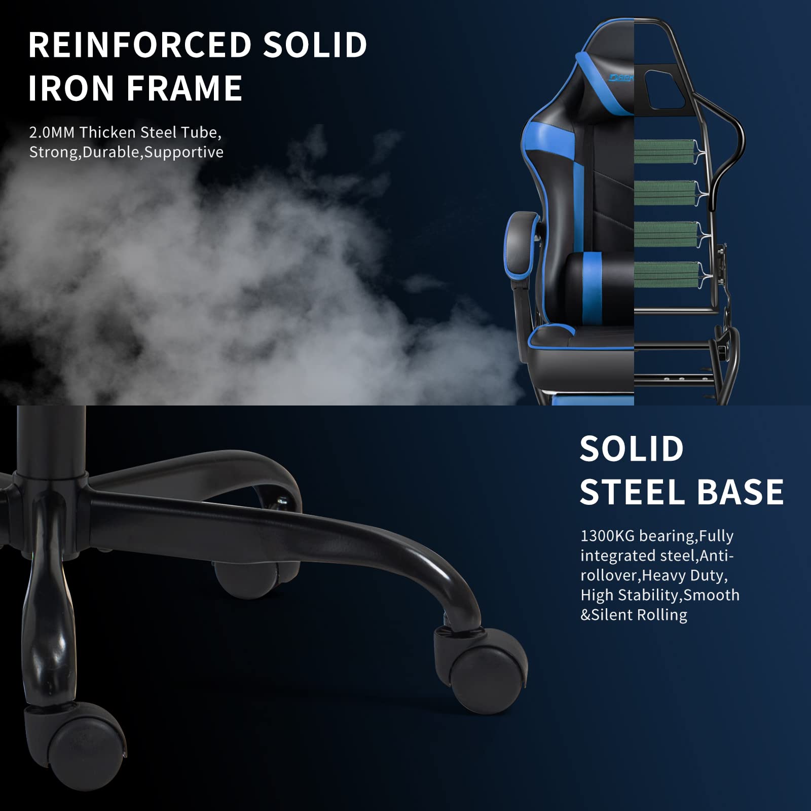 Darkecho Massage Gaming Chair with footrest,Computer Chair with Flat Seat Cushion,Height Adjustable Gamer Chair with Padded Armrests,Headrest and Lumbar Support for Office or Gaming Blue
