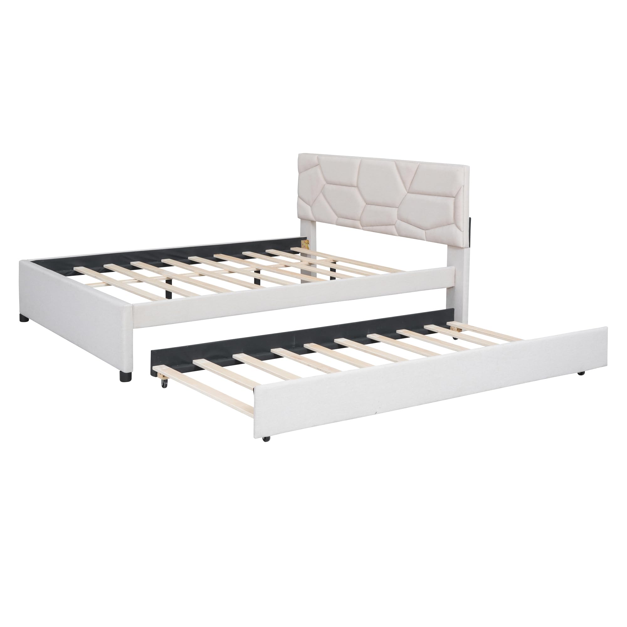 DNYN Queen Size Upholstered Platform Bed with Trundle(Twin XL) for Kids,Teen,Adult Bedroom,Solid Wood Bedframe Linen Fabric Home Furniute w/Brick Pattern Heardboard,No Box Spring Needed, Beige