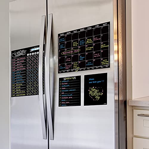 JJPRO Magnetic Chalkboard Monthly Calendar - Reward Chore Chart Blackboard combo set with Neon Bright Liquid Chalk Markers - Bonus Grocery List and Notepad Blackboard for Refrigerator Included