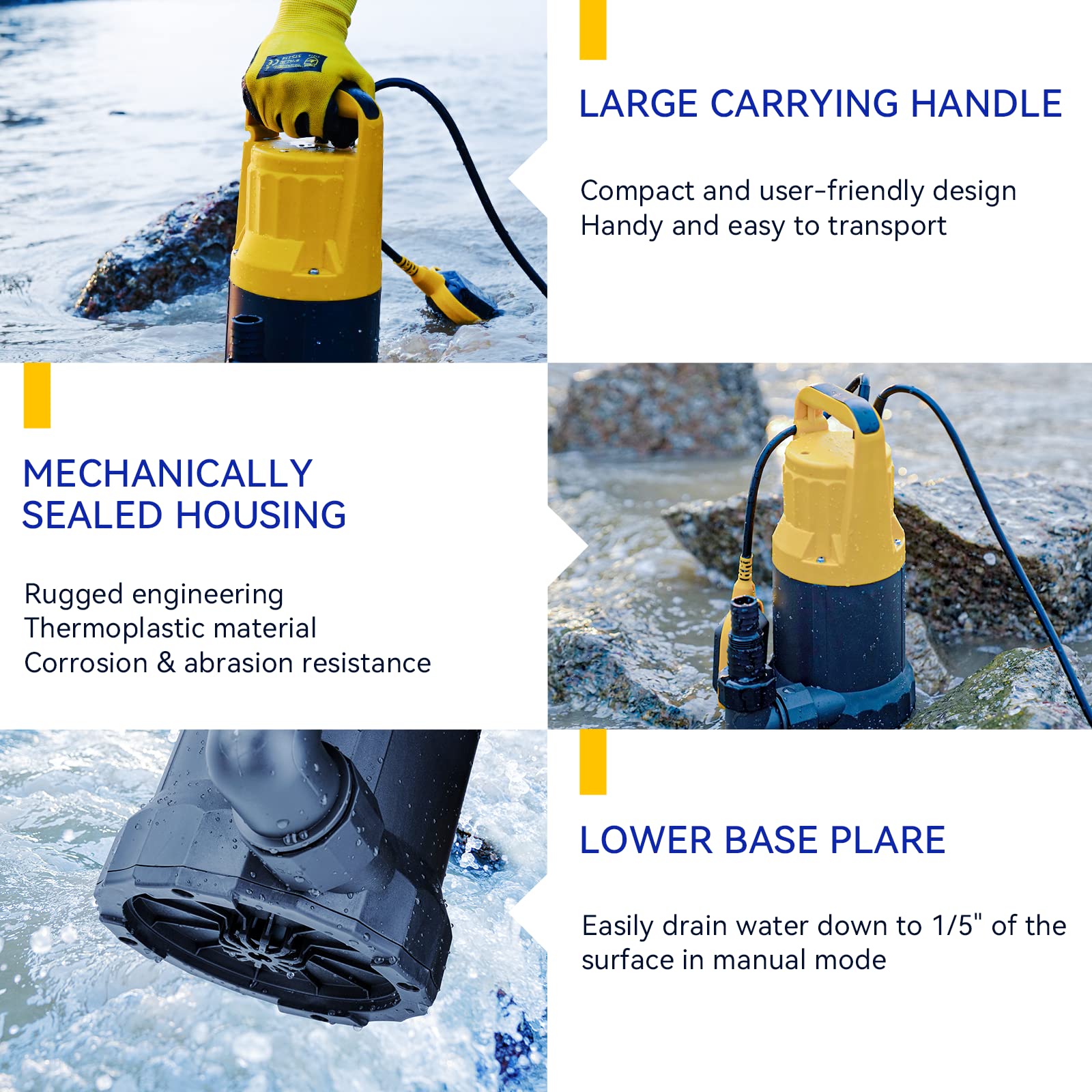 Acquaer 1/2HP Utility Pump 2906GPH Submersible Sump Pump with Automatic Float Switch, Water Removal for Hot Tub, Pools, Basements, Garden Pond