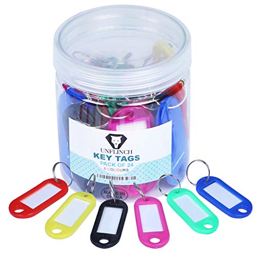 Unflinch 24 Pack Plastic Key Tags 6 Colors Key Labels with Split Ring and Label Window, Key Ring Tags ID Label Tags for Home, Office, Travel, Pets, Storage, and More