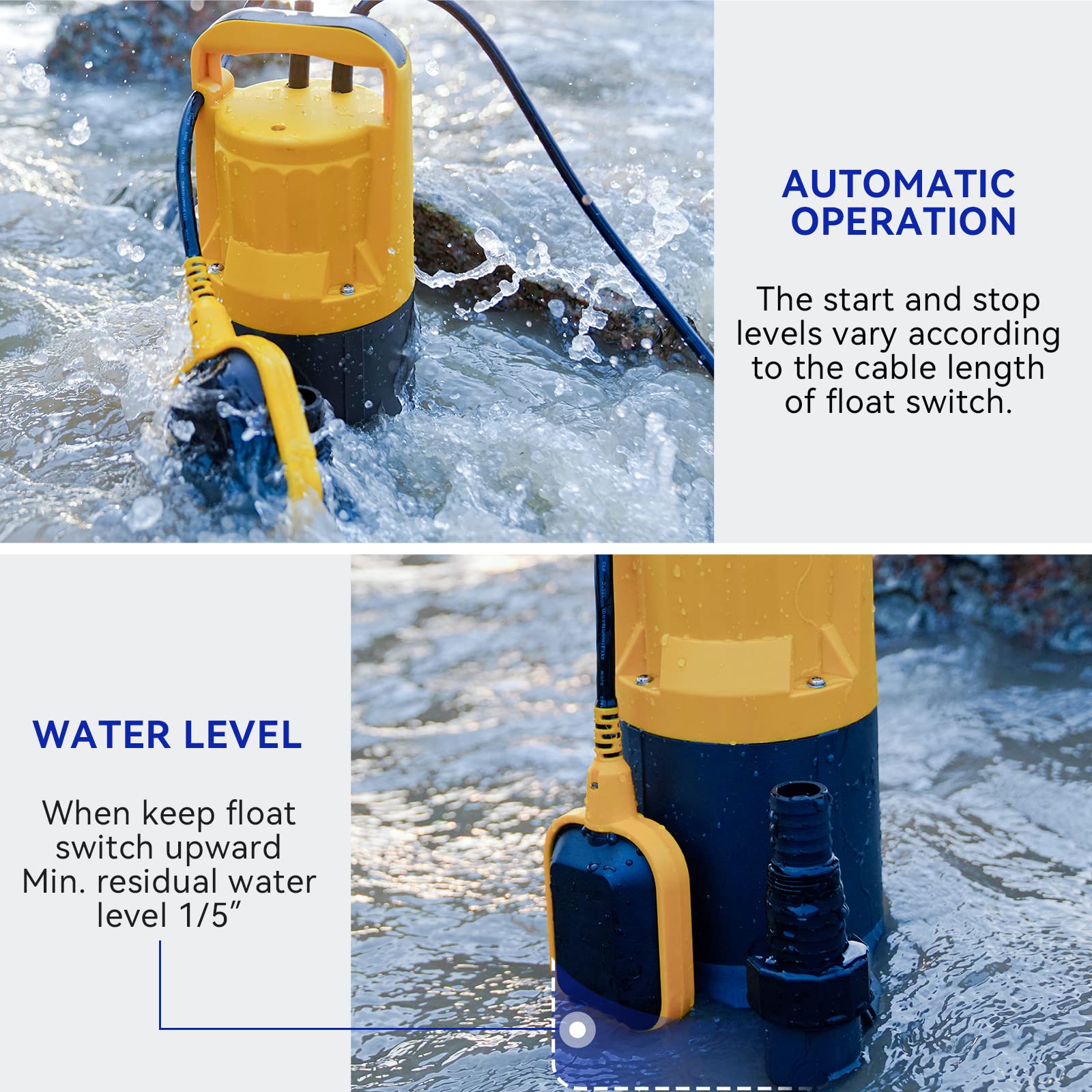 Acquaer 1/2HP Utility Pump 2906GPH Submersible Sump Pump with Automatic Float Switch, Water Removal for Hot Tub, Pools, Basements, Garden Pond