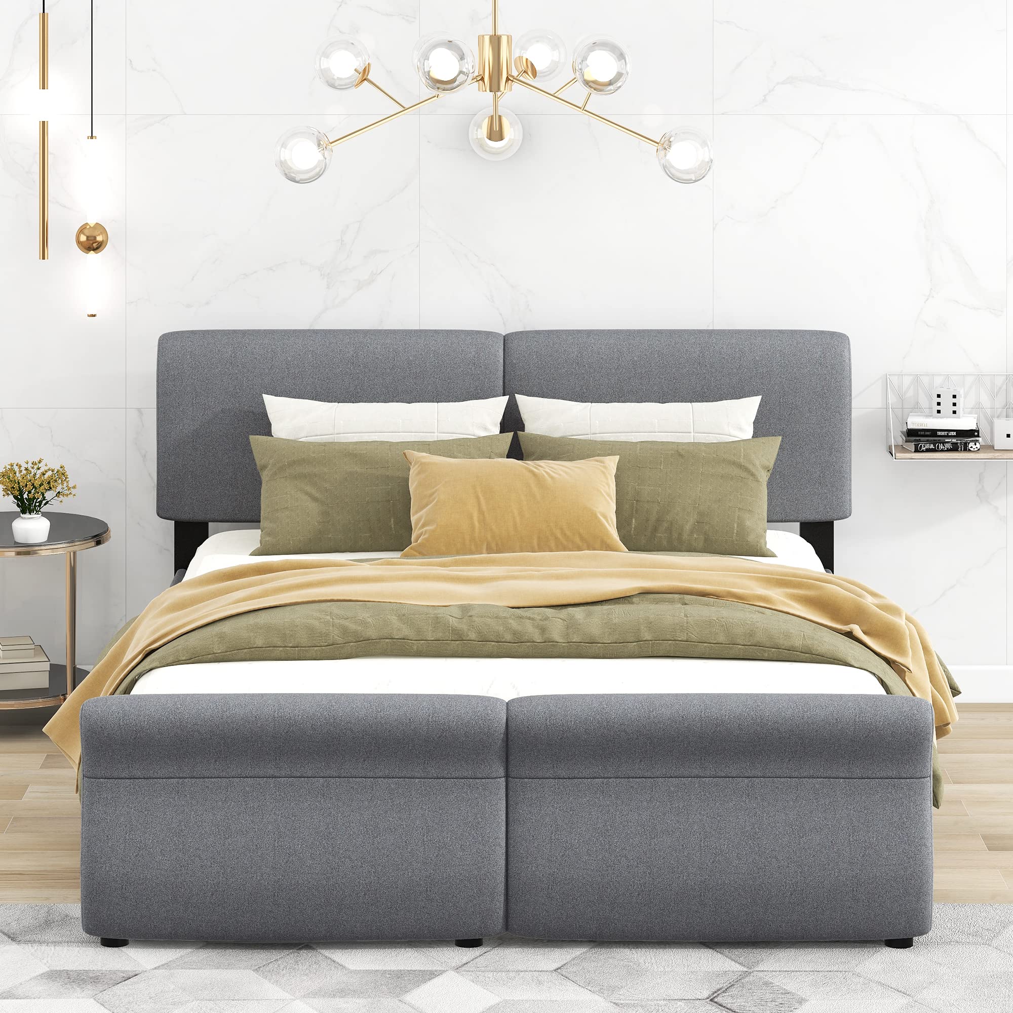 RUNWON Queen Size Upholstered Platform Bed Frame with Underneath 2 Storage Drawers and Comfortable Headboard for Kids Adults