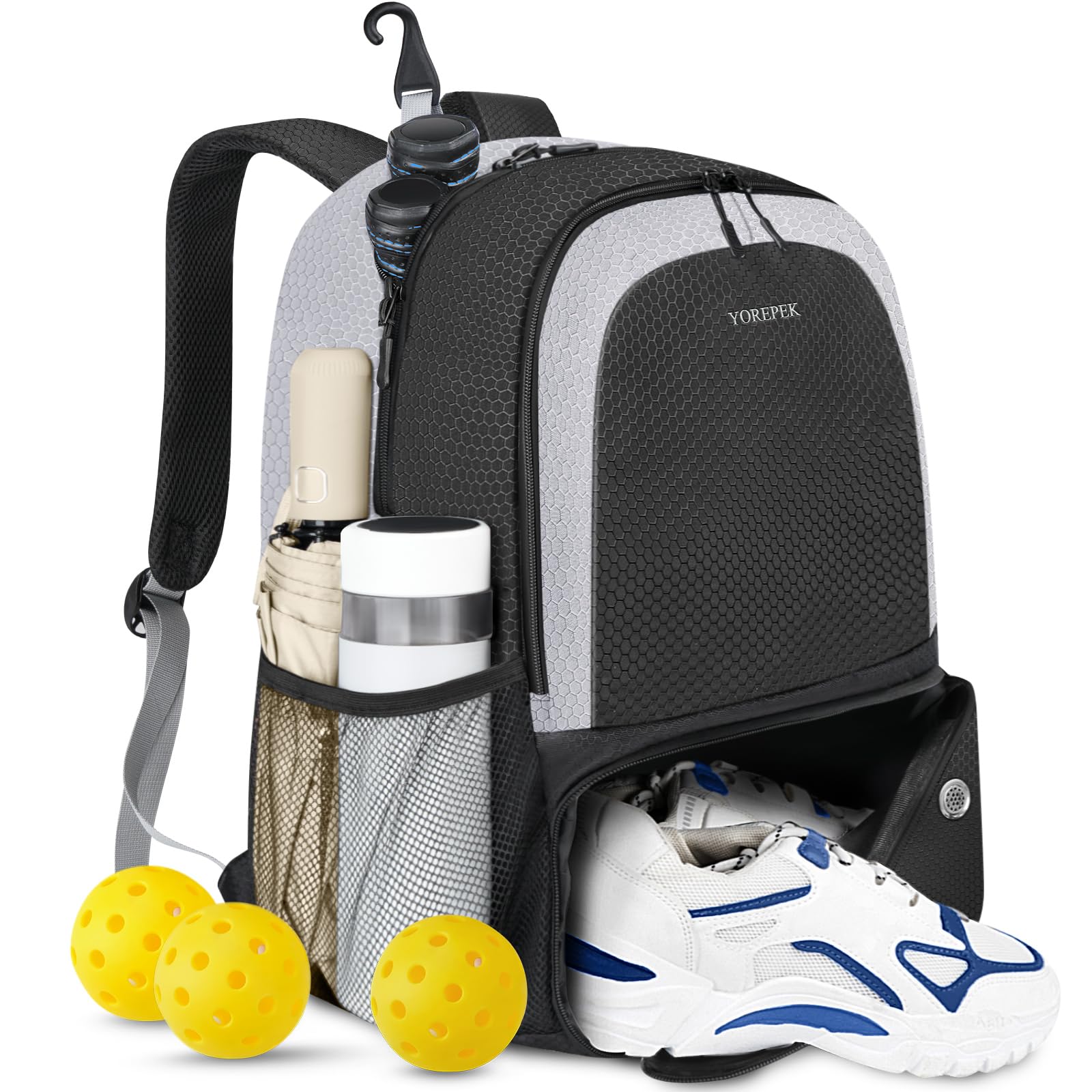YOREPEK Pickleball Bag Backpack with Shoe Compartment, Fence Hook for Men Women, Large Capacity Pickleball Paddle Bags Hold Paddles, Pickleballs, Clothes Shoes and Pickleball Accessories, Bag Only