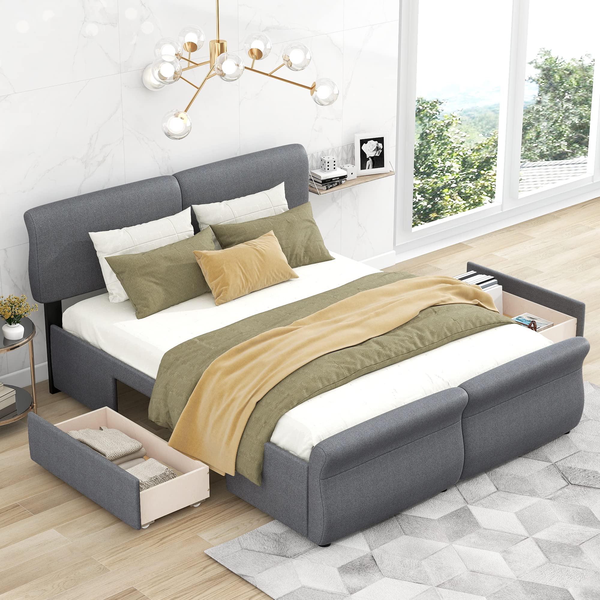 RUNWON Queen Size Upholstered Platform Bed Frame with Underneath 2 Storage Drawers and Comfortable Headboard for Kids Adults