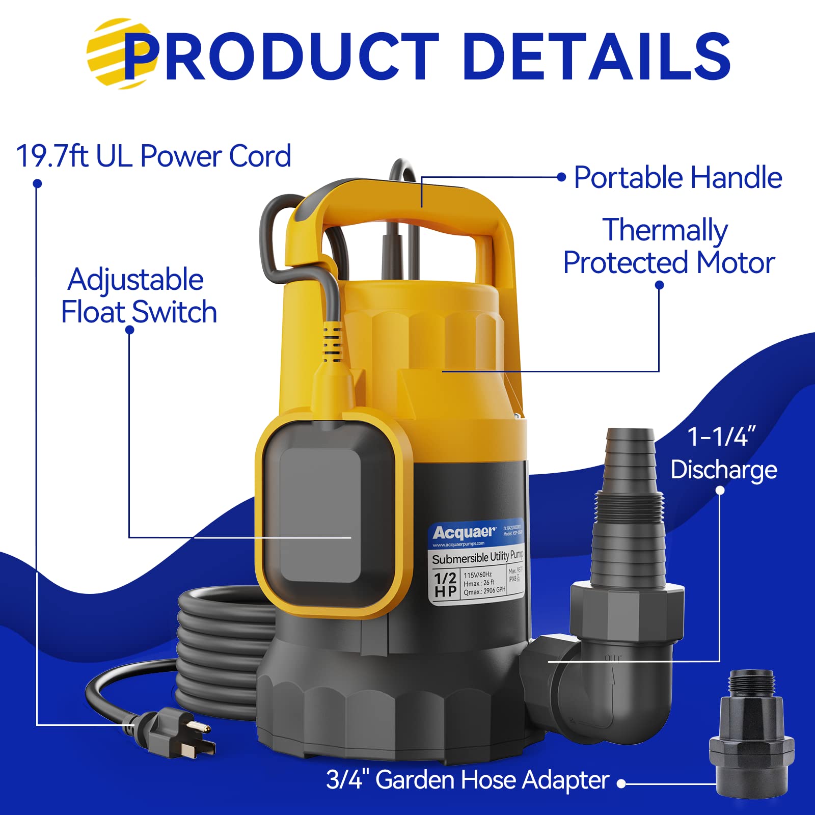 Acquaer 1/2HP Utility Pump 2906GPH Submersible Sump Pump with Automatic Float Switch, Water Removal for Hot Tub, Pools, Basements, Garden Pond