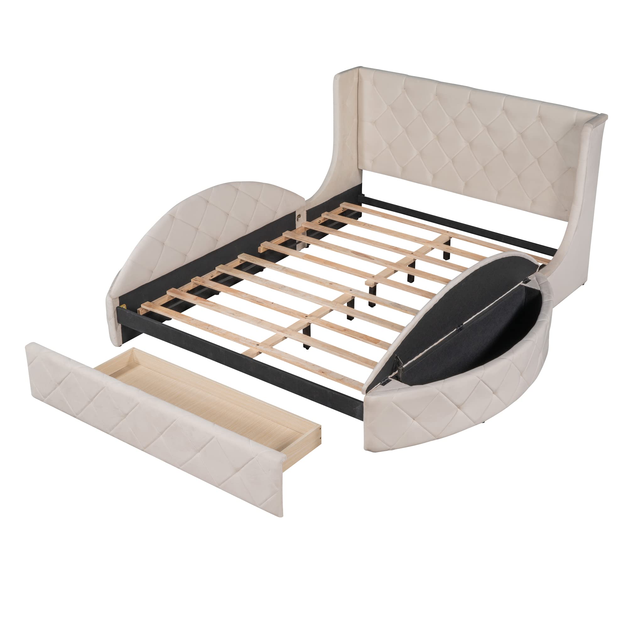 Velvet Upholstered Queen Platform Bed with Storage, Queen Size Bed Frame with Headboard, 1 Big Drawer and 2 Side Storage Stool, Strong Wooden Slats/Easy Assembly/Beige