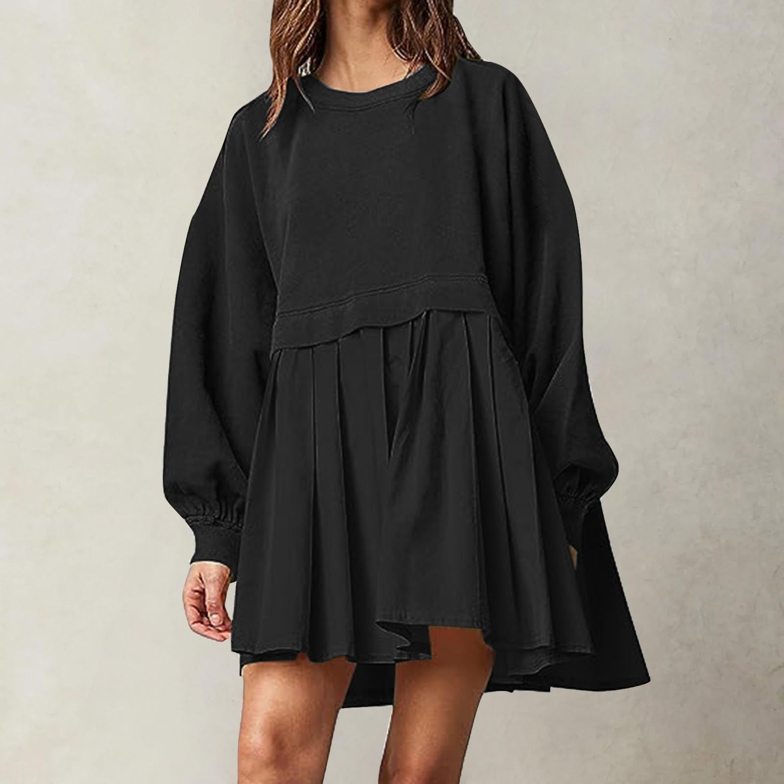 Lenago Women Oversized Sweatshirt Dress Scuba Dupes Sweatshirt Hot Shot Free Patchwork Long Sleeve Crewneck Pullover Tops People Baggy Flowy Pleated Sweatshirts Mini Dress My the Orders Black S