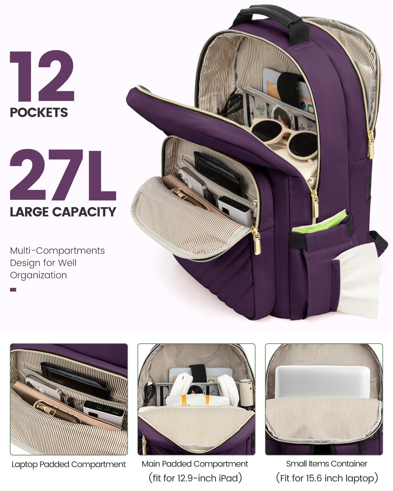 LOVEVOOK Laptop Backpack Purse for Women, Work Travel Computer Bags, College School Backpack for Student Girl, Quilted Casual Daypack with USB Port, Fit 15.6 Inch Laptop, Deep Plum