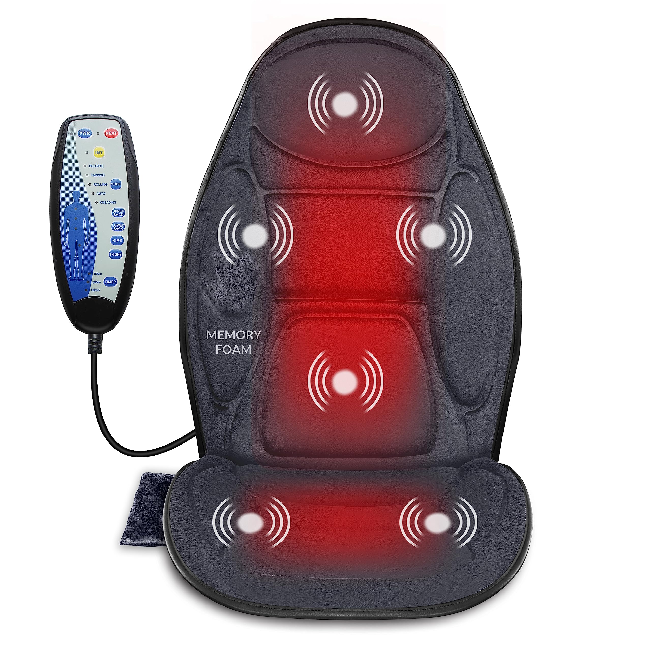 Snailax Memory Foam Vibration Massage Seat Cushion, Back Massage Pad with Heat,2 Heat Levels & 6 Vibration Massage Nodes, Seat Massager for Home Office Chair, Grey