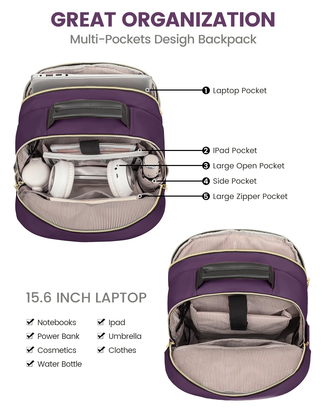 LOVEVOOK Laptop Backpack Purse for Women, Work Travel Computer Bags, College School Backpack for Student Girl, Quilted Casual Daypack with USB Port, Fit 15.6 Inch Laptop, Deep Plum