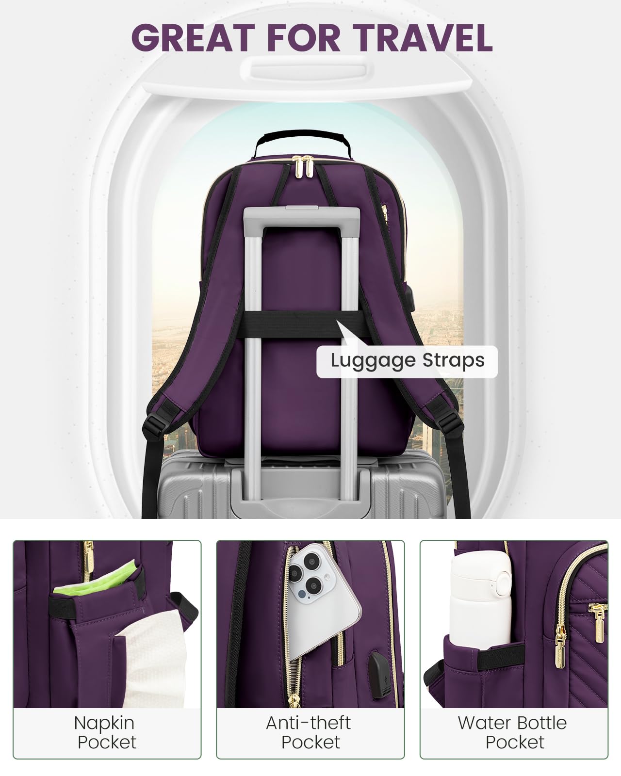 LOVEVOOK Laptop Backpack Purse for Women, Work Travel Computer Bags, College School Backpack for Student Girl, Quilted Casual Daypack with USB Port, Fit 15.6 Inch Laptop, Deep Plum