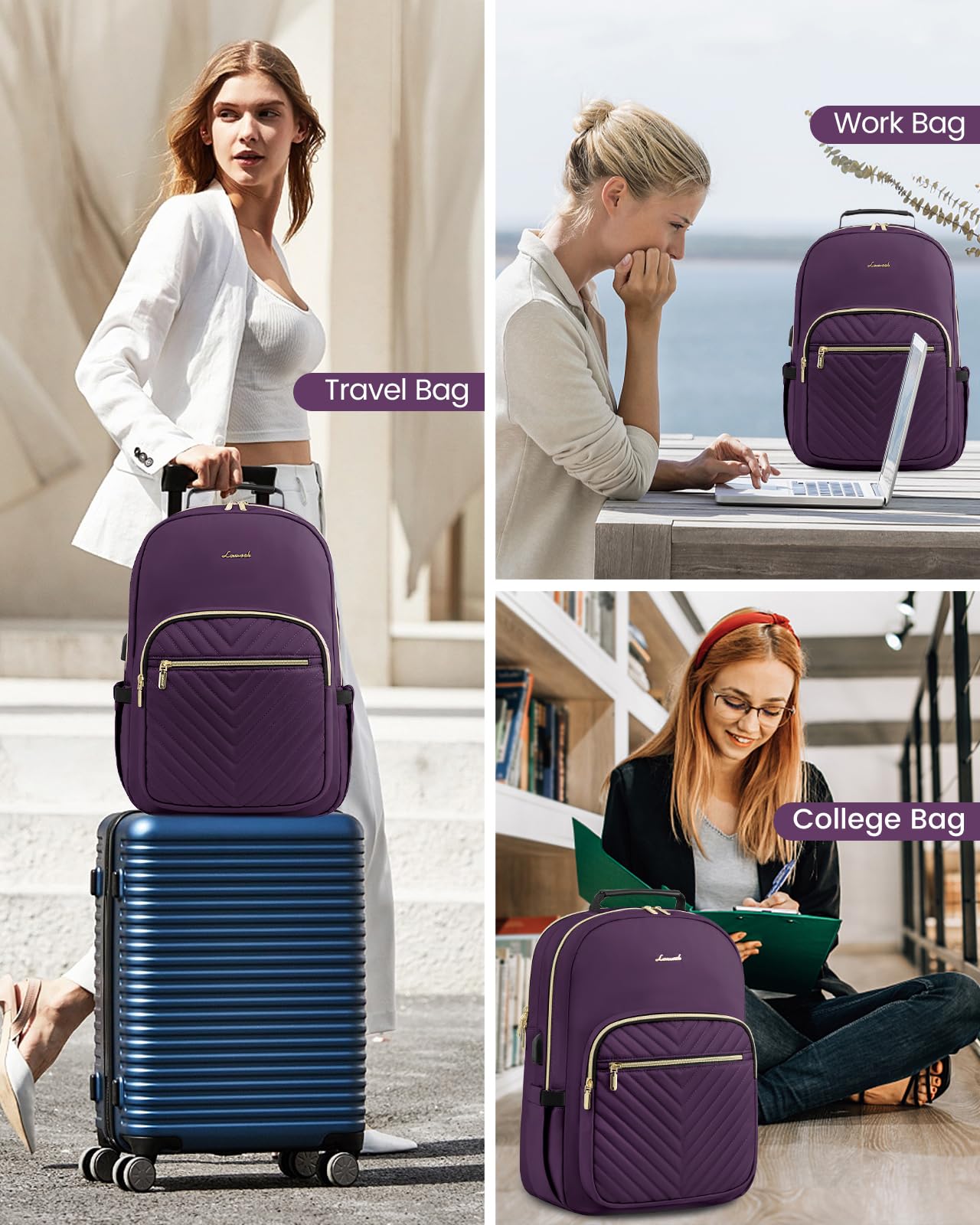 LOVEVOOK Laptop Backpack Purse for Women, Work Travel Computer Bags, College School Backpack for Student Girl, Quilted Casual Daypack with USB Port, Fit 15.6 Inch Laptop, Deep Plum