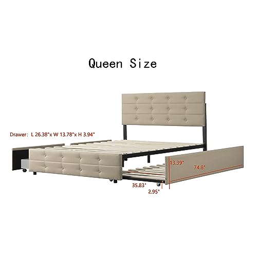 Prohon Upholstered Platform Bed with Trundle & 2 Drawers, Wood Bed Frame Queen Size, Modern Bedframes with Linen Tufted Headboard for Kids, Teen & Adults, No Box Spring Needed, Light Beige