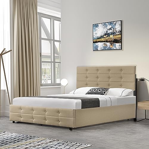 Prohon Upholstered Platform Bed with Trundle & 2 Drawers, Wood Bed Frame Queen Size, Modern Bedframes with Linen Tufted Headboard for Kids, Teen & Adults, No Box Spring Needed, Light Beige