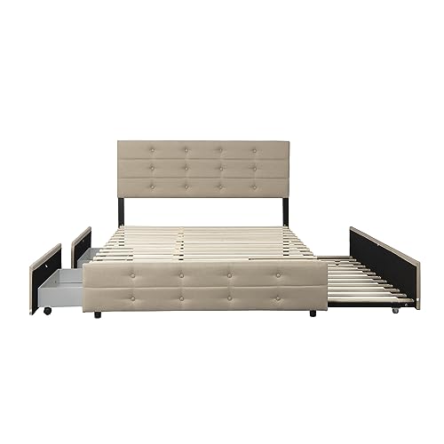 Prohon Upholstered Platform Bed with Trundle & 2 Drawers, Wood Bed Frame Queen Size, Modern Bedframes with Linen Tufted Headboard for Kids, Teen & Adults, No Box Spring Needed, Light Beige